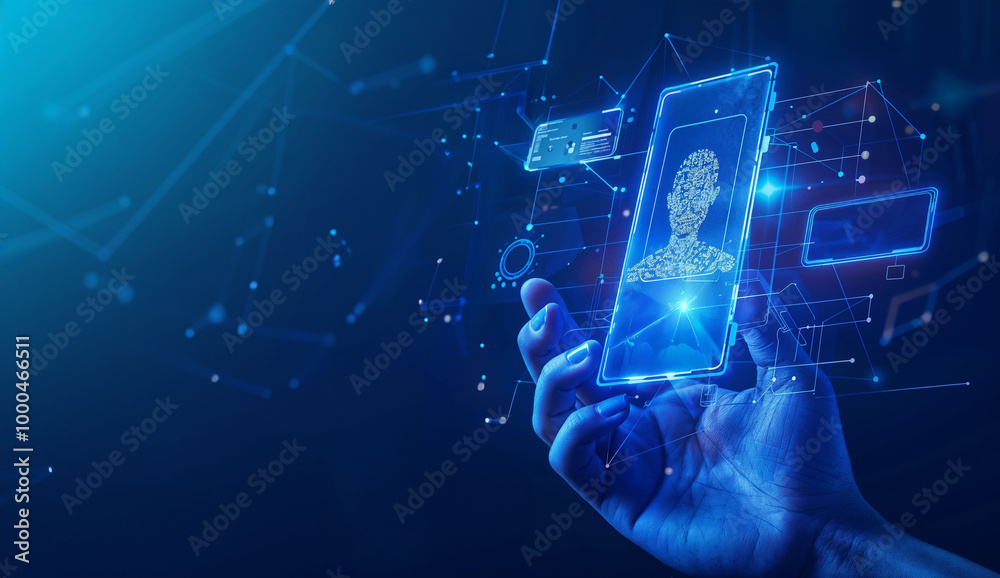 Holographic 3D projection of digital ID card floating above hand ...