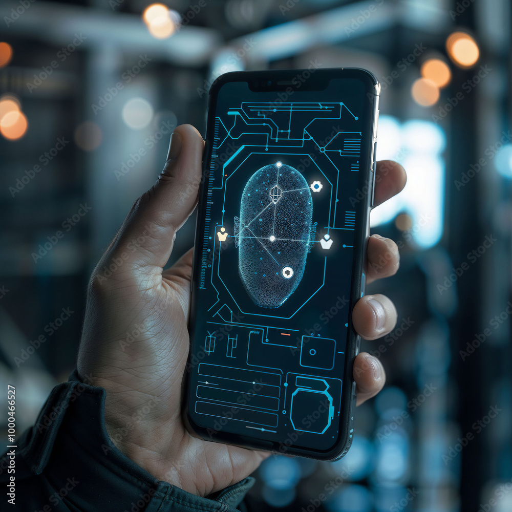 Hand holding smartphone displaying futuristic biometric interface ...