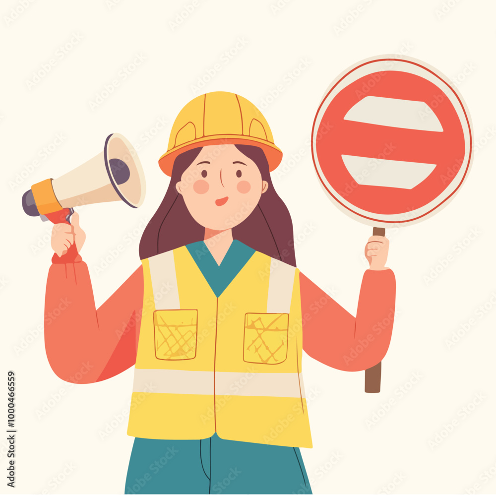 Road worker Woman character holds stop sign. flat cartoon illustration ...