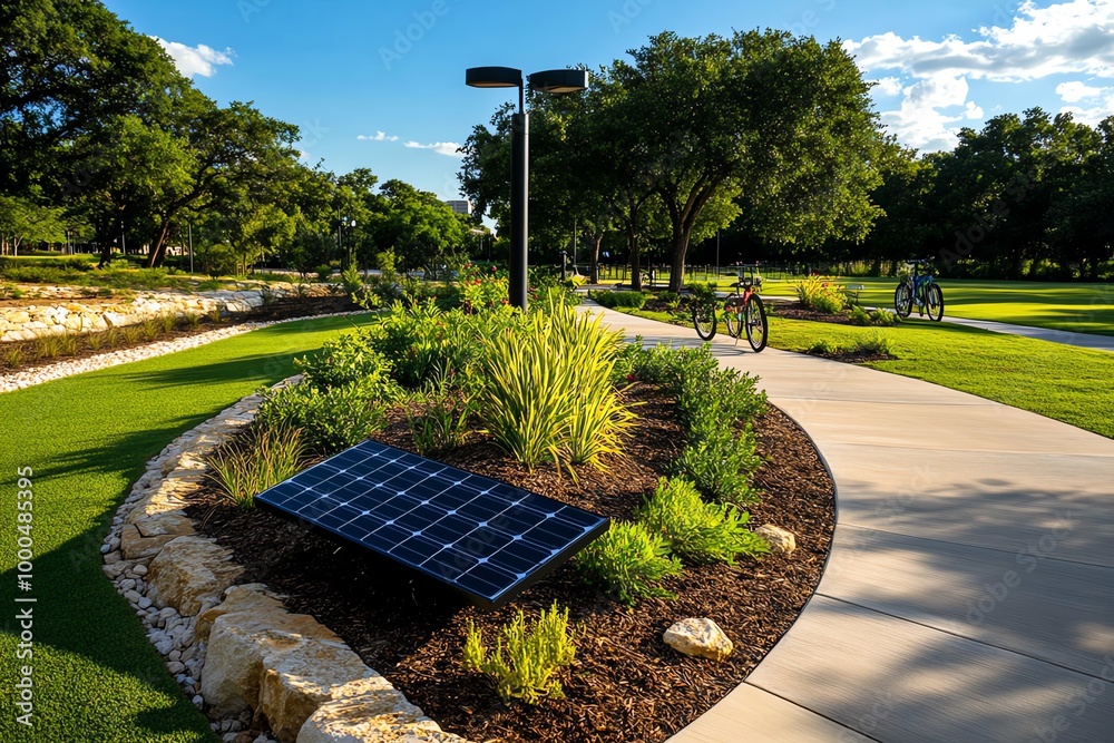 Public park in a sustainable city, featuring solar-powered lighting ...