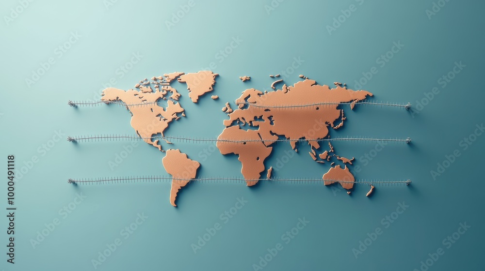 Stylized world map in copper color on a teal background, modern design ...