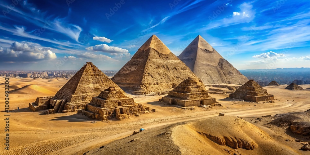 Majestic Great Pyramids of Giza Under Clear Blue Sky in the Heart of ...