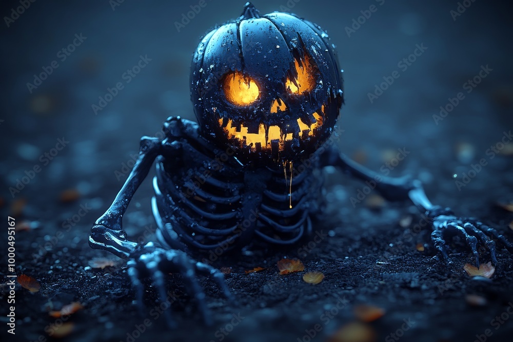 Grim decayed skeleton with a glowing jack o lantern head in a dark ...
