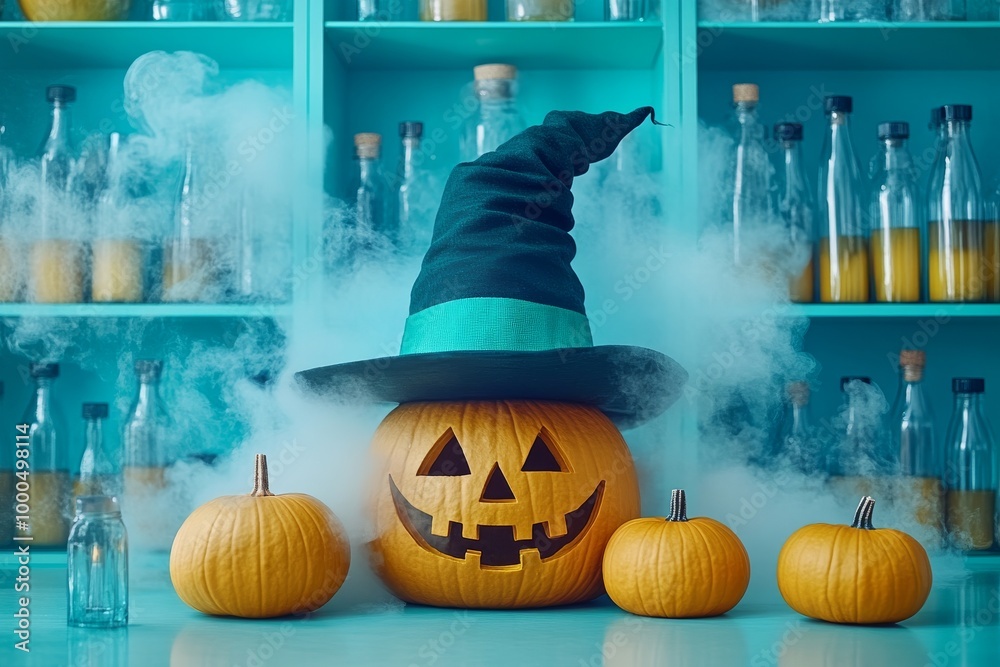 Halloween pumpkin wearing a witch hat surrounded by laboratory ...