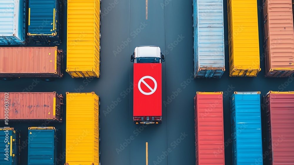 Trucks stopped at a border with large No Entry signs, border closure ...