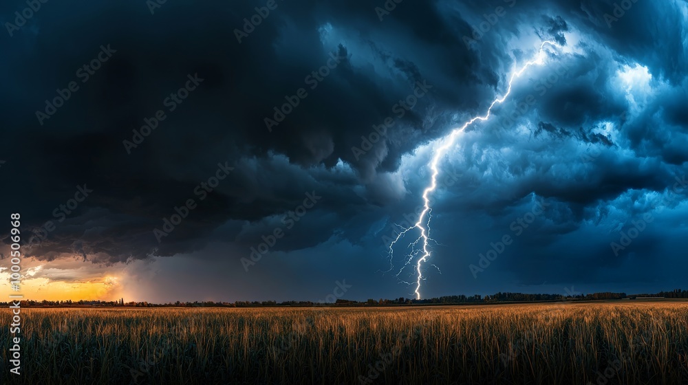 A severe thunderstorm over an open field, with lightning splitting the ...