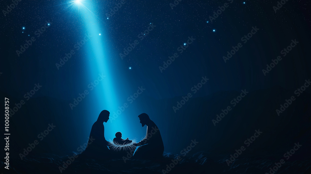 Starry night in Bethlehem, birth of Jesus Christ in humble barn shines ...