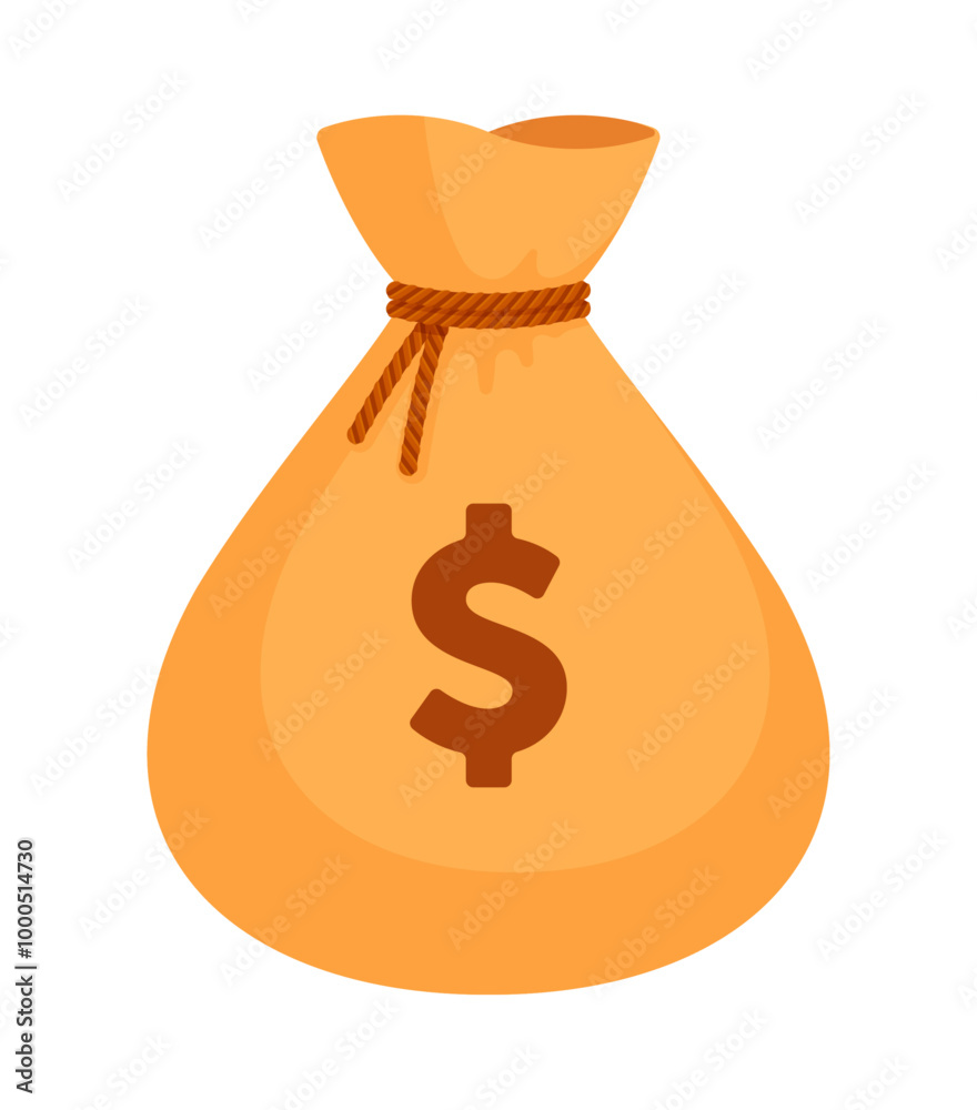 Beige money bag with a dollar sign and brown rope tie. Economy, finance ...