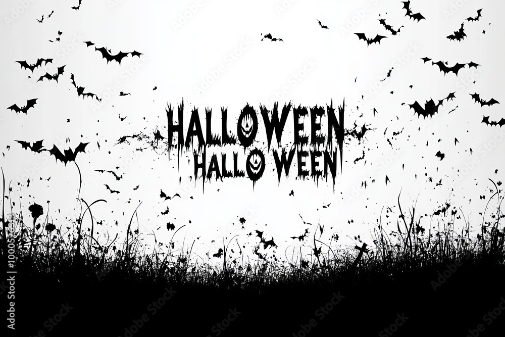 Halloween scene with flying bats and bold typography set against a ...