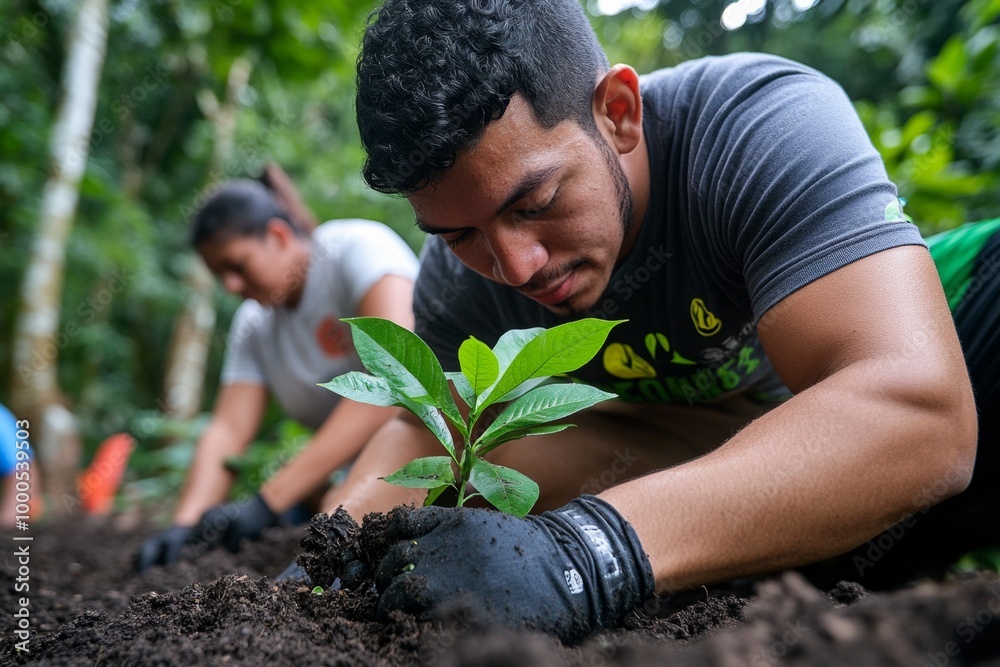 Community members in a reforestation project, working together to plant ...