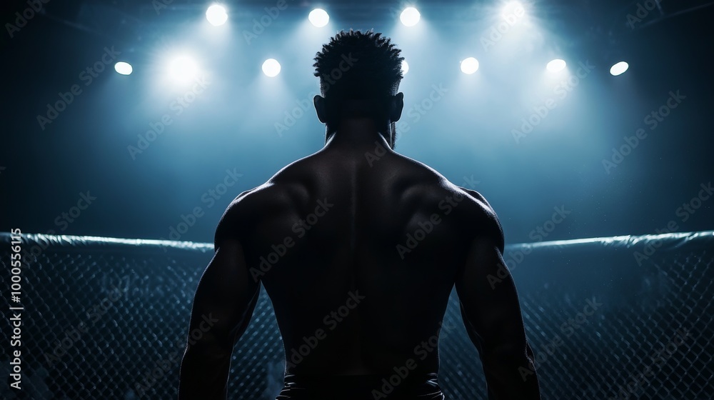 A shirtless MMA fighter stands ready in the cage, backlit by dramatic ...