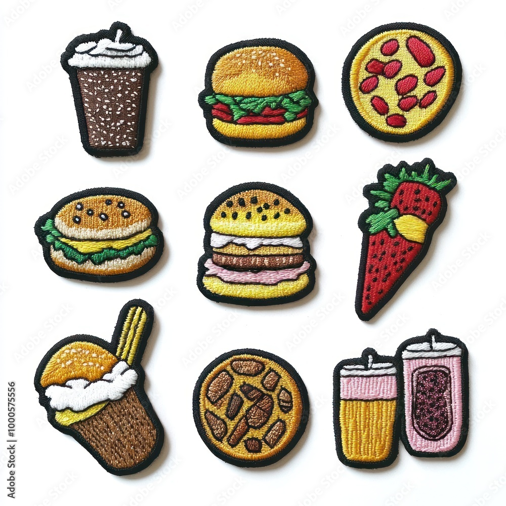 Nine embroidered patches of popular food items, including a burger ...