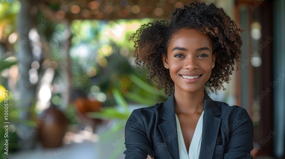 attractive black female real estate agent standing in front of new home ...
