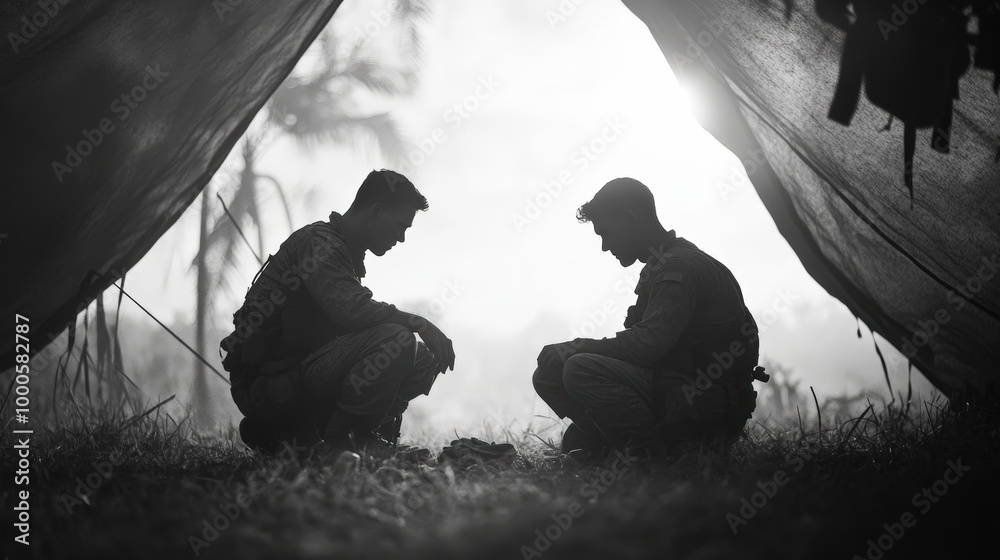an intimate scene of soldiers helping each other in the midst of ...