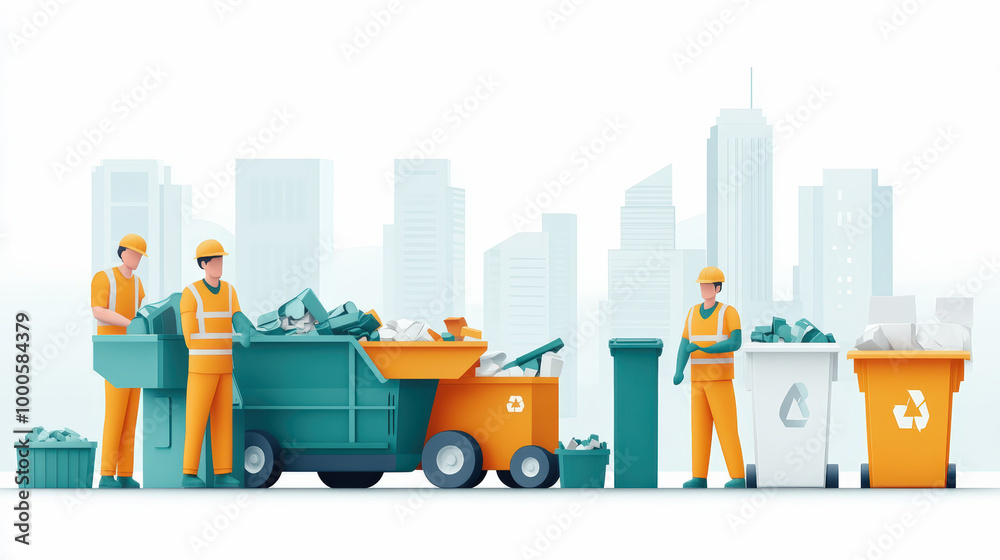 Waste management workers in safety gear sorting and collecting ...