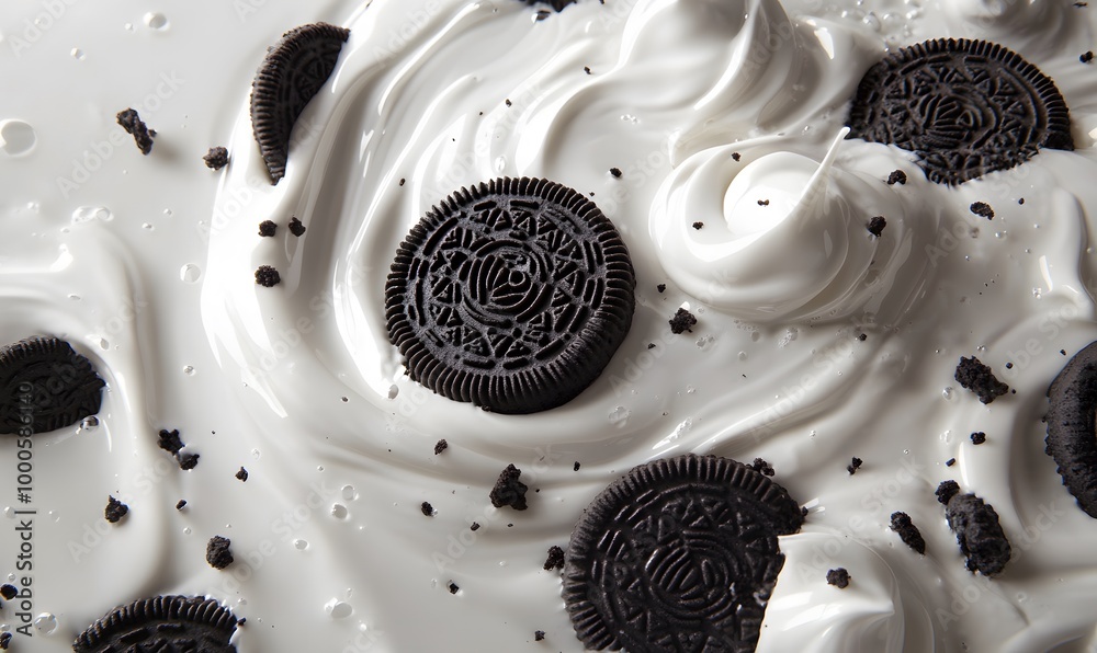 Creamy milk and delicious Oreo cookie chunks moving in smooth motion ...