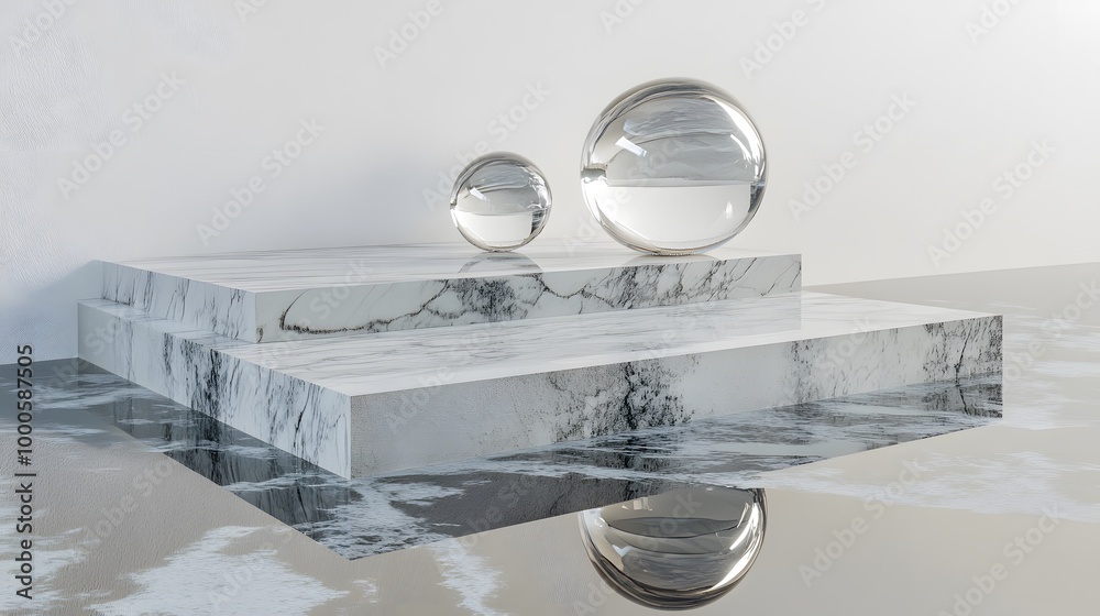 Concrete slabs, steel rods, and smooth glass orbs meticulously placed ...