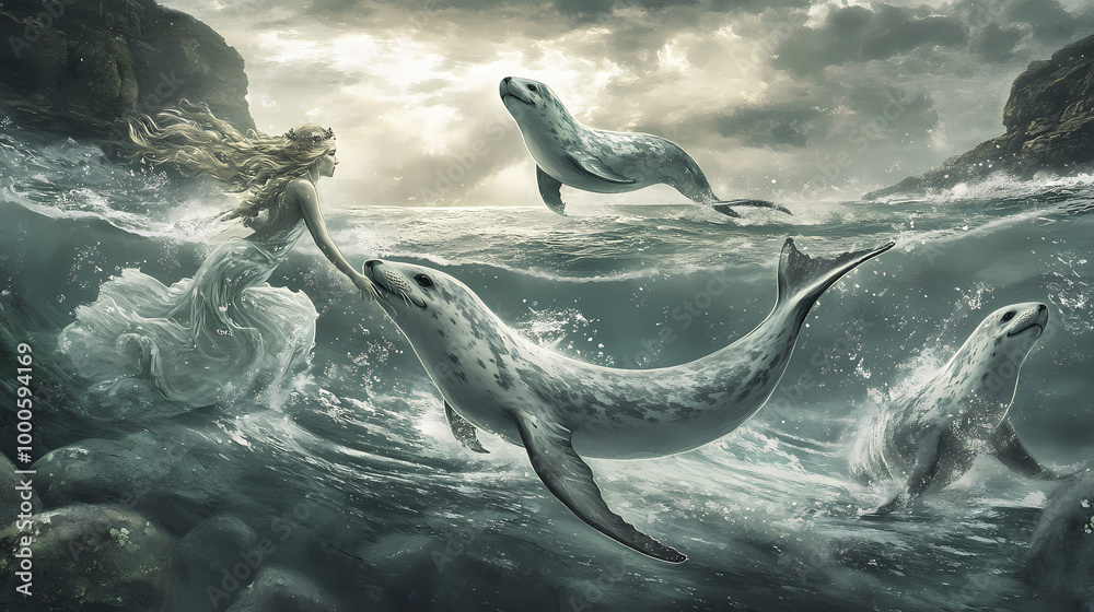 evolution of a selkie, seal to human, transformation stages, coastal ...