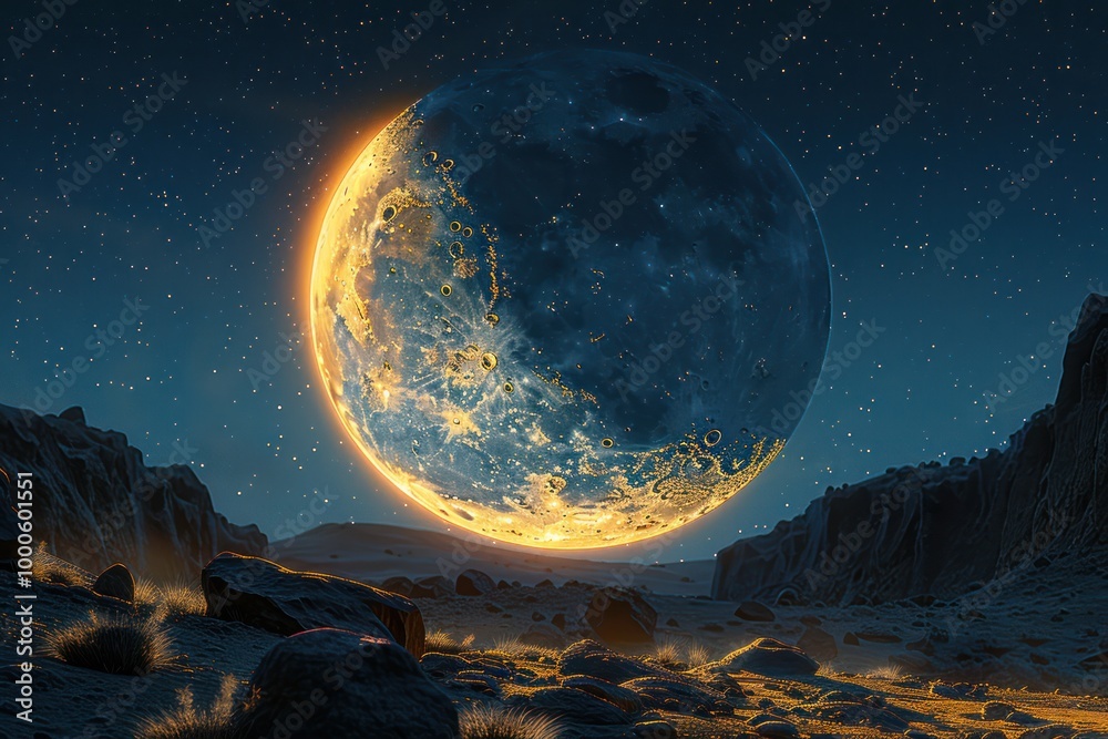 Crescent Moon over Majestic Night Sky Landscape Stock Photo | Adobe Stock