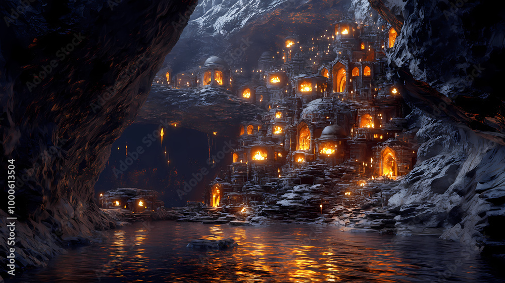 Huge fantasy cavern home of the dwarfs built deep in a mountain and lit ...