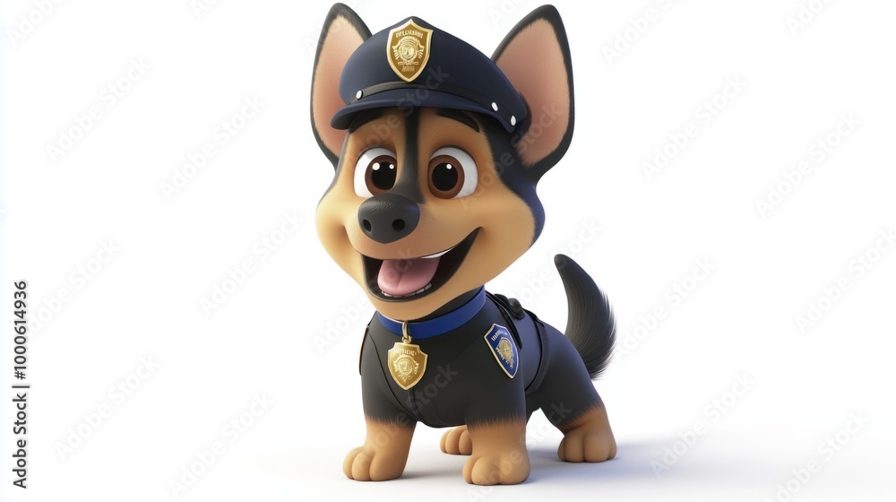 Adorable cartoon police dog wearing a police hat and badge, wagging its ...