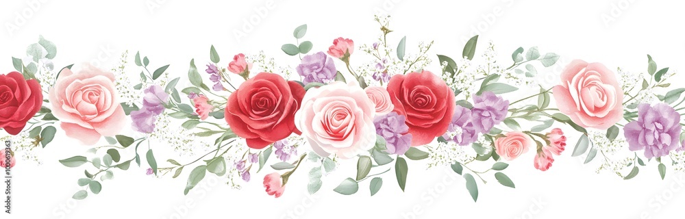 Watercolor, pink and red roses border clipart, white background, Stock ...
