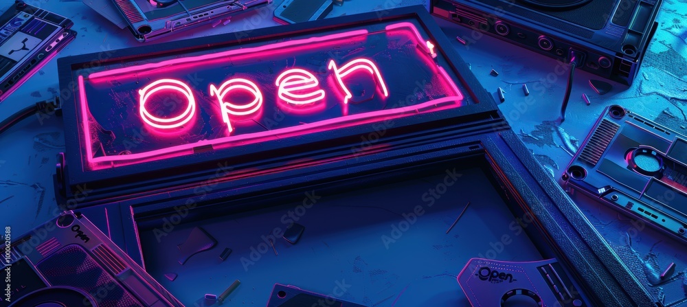 Retro 90s Video Rental Store Banner with Neon Open Sign and VHS Tapes ...