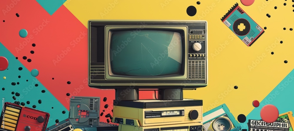Retro 90s TV and Movie Memorabilia Banner with VHS Tapes and CRT ...