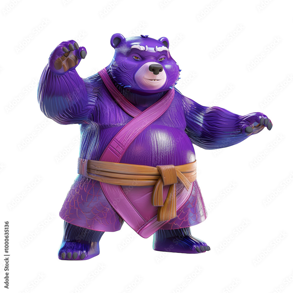 A purple bear wearing a pink karate gi and a brown belt stands with its ...