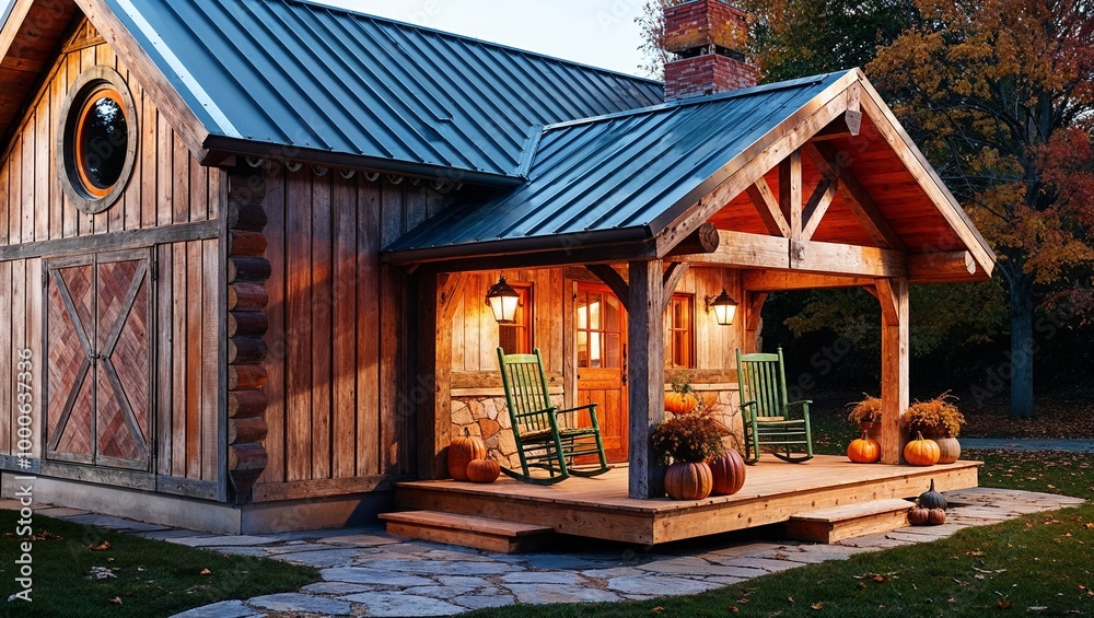 rustic, wooden cabin with a unique architectural style. The cabin ...