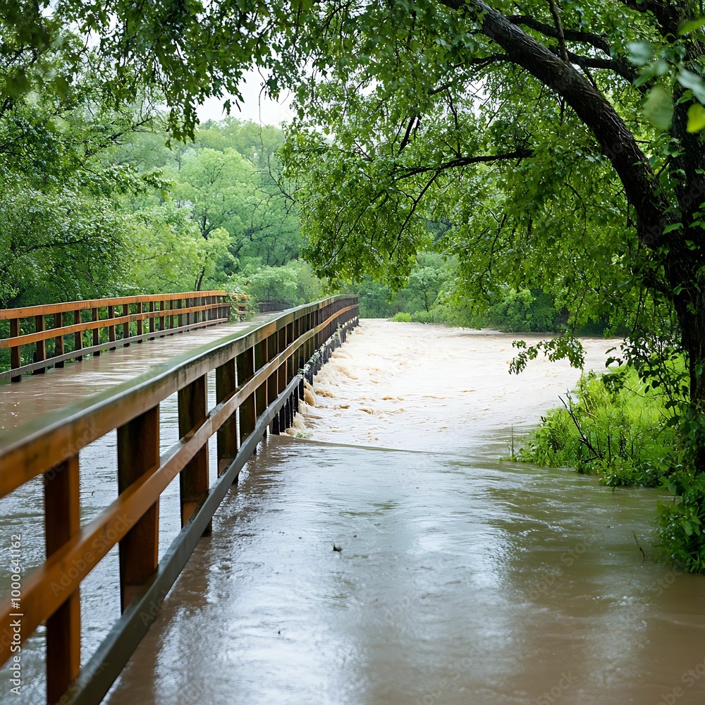 A swollen river overflows onto a wooden bridge in a lush, green forest ...