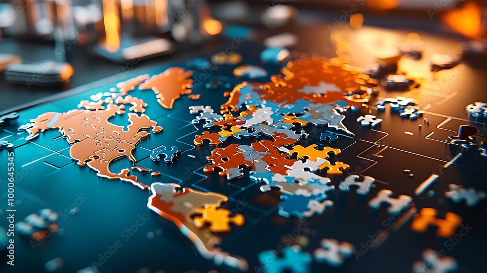 A global puzzle forms a world map, symbolizing interconnected ...