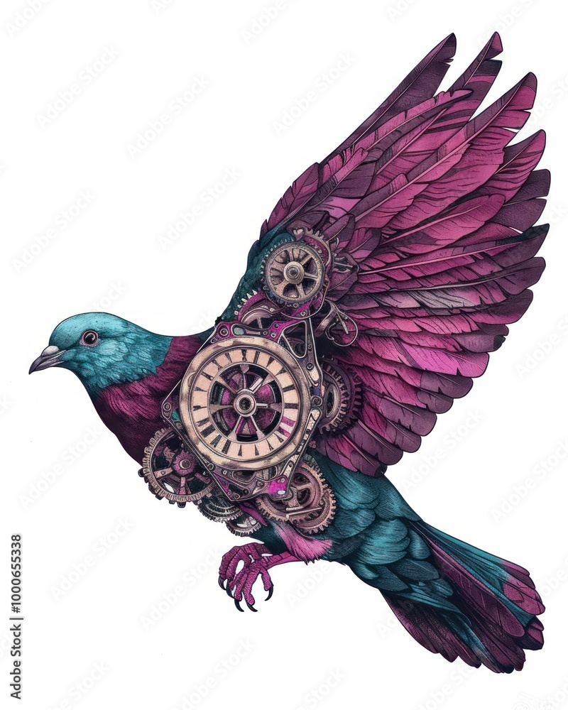 A vibrant illustration of a mechanical dove with intricate cogs and ...