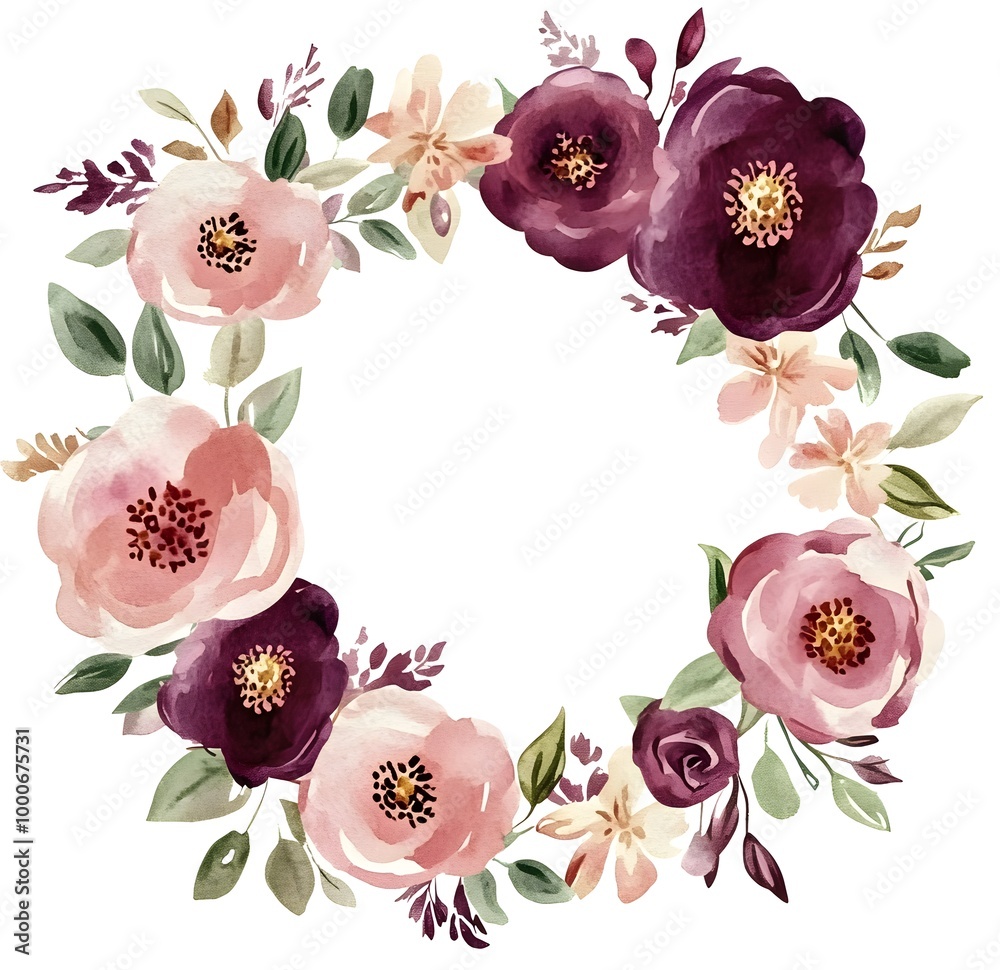 Watercolor floral wreath with burgundy and cream roses, clipart on a ...