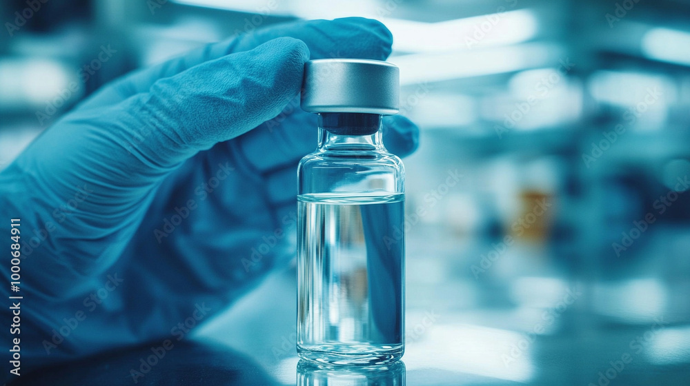scientist's gloved hand holds a beaker with precision, symbolizing ...