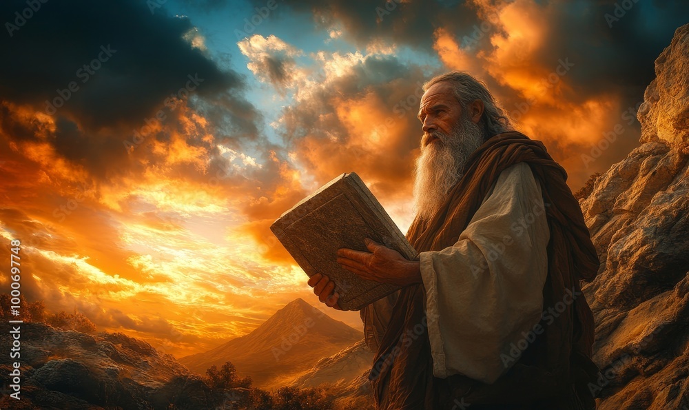 Moses Holding the Stone Tablets on Mount Sinai with Dramatic Sky ...