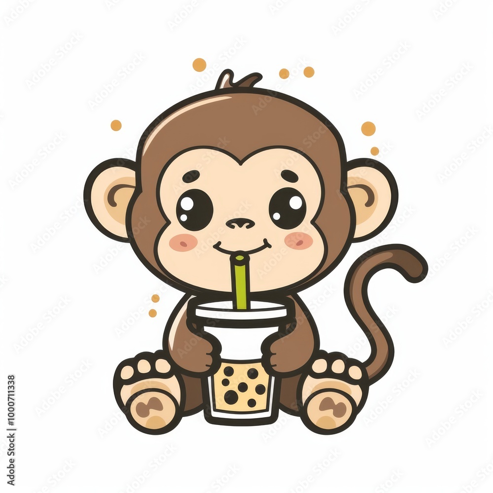 cute monkey drinking boba milk tea cartoon vector icon illustration ...