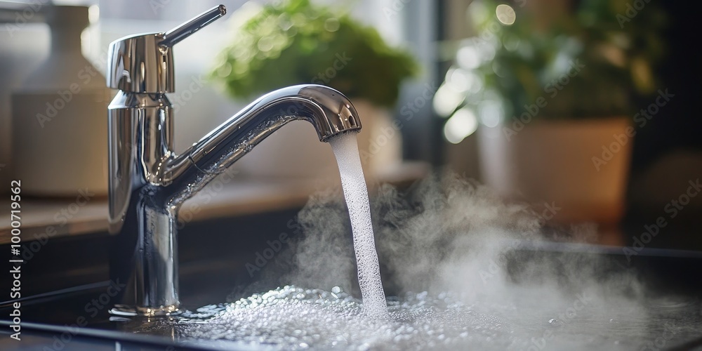 Hot water flowing from a modern faucet with steam rising, signifying ...