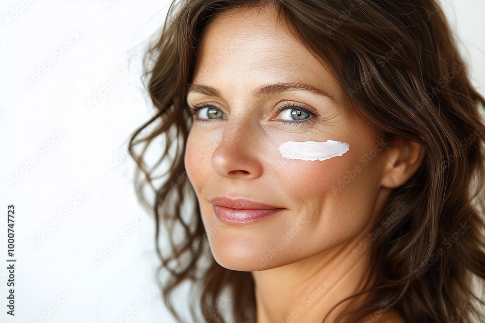 Happy middle aged 40 years old woman applying facial anti age skincare ...