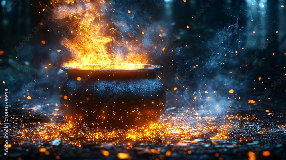 A mystical cauldron brimming with herbs and glowing embers, perfect for ...