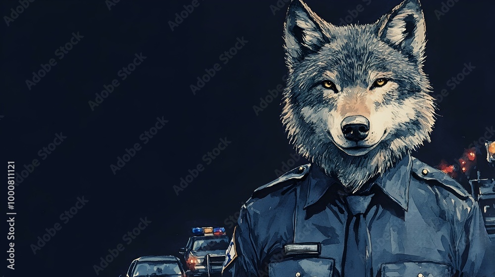 Watercolor of a Wolf Police Officer Directing Traffic on a Busy City ...