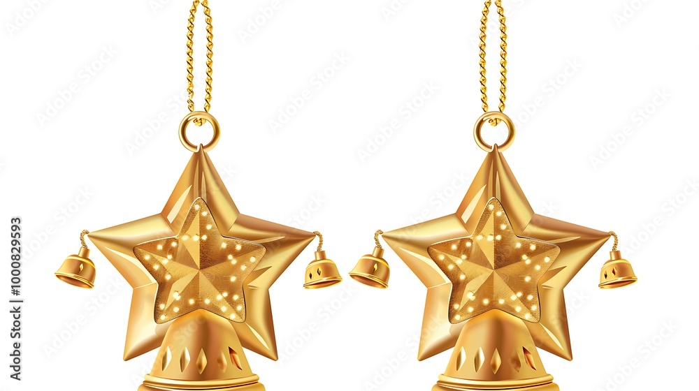 Christmas ornaments shaped like stars and bells, in gold color, cute ...