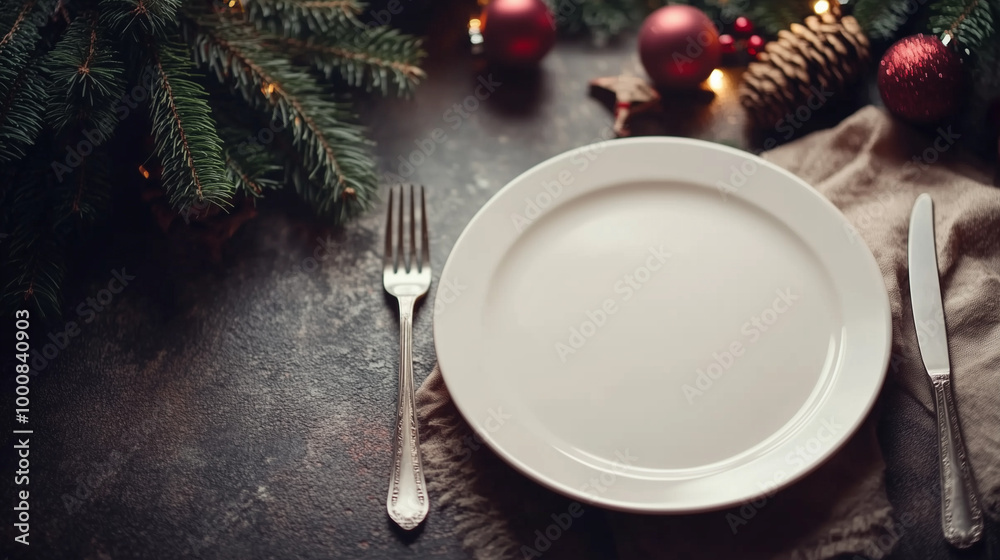 Pięknie udekorowany stół na kolację bożonarodzeniową. Pusty talerz w ...