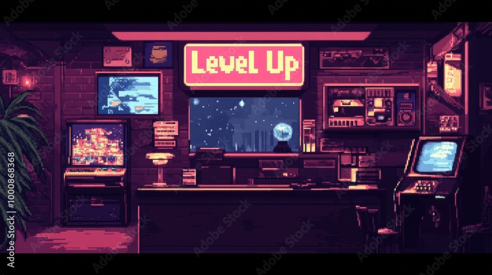 Retro pixelated environment featuring a "Level Up" text overlay ...
