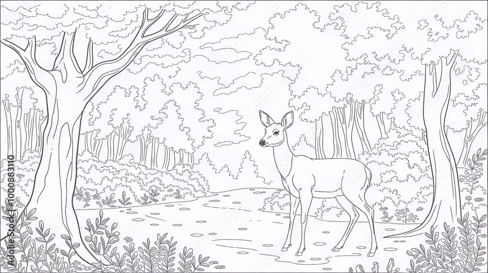 Forest scene with a deer coloring page. Perfect for children's coloring ...