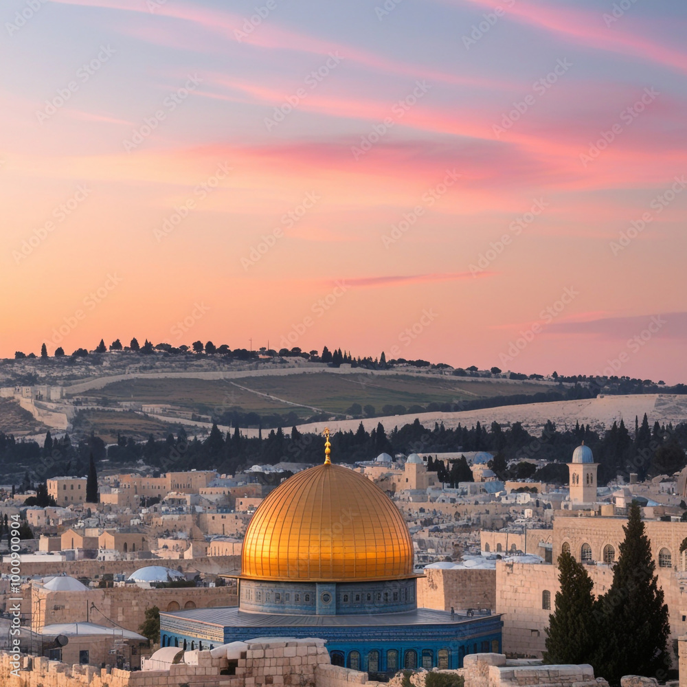 Visualize the skyline of Jerusalem and Palestine during dawn including ...