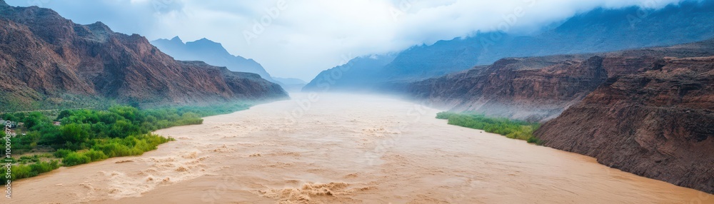 Torrents of muddy water rushing through a desert canyon after a flash ...