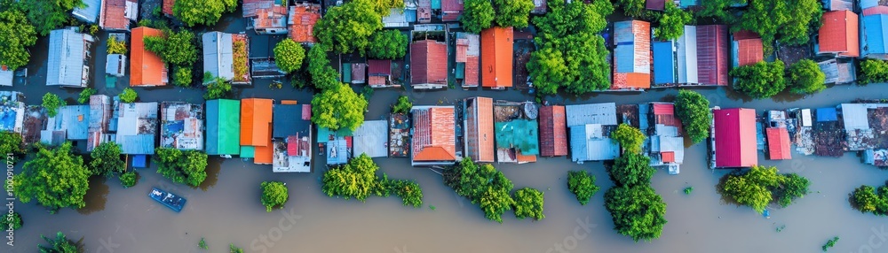 Flash floods sweeping through an urban slum, submerging homes and ...