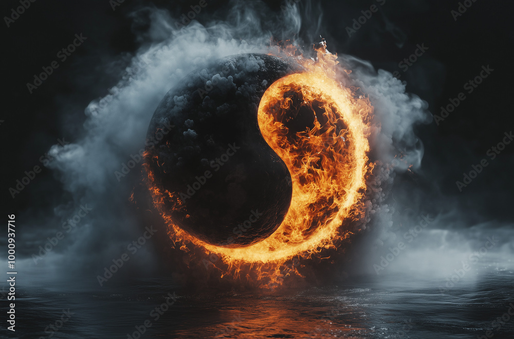 Artistic depictions of fiery and icy Yin-Yang symbols combining ...