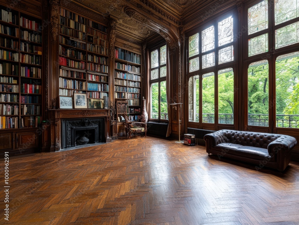 This luxurious library boasts an extensive collection of books arranged ...
